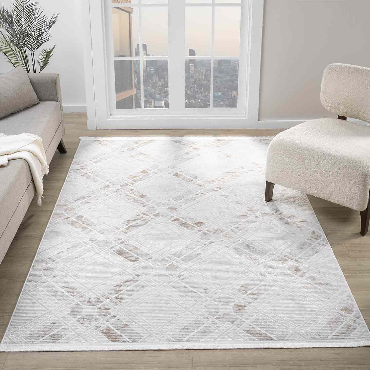 Beige Brown Diamond Geometric Modern Carpet – Pera Halı